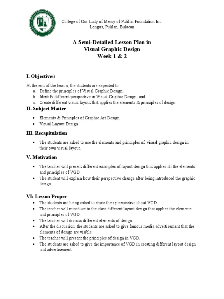 A Semi-Detailed Lesson Plan in Visual Graphic Design Week 1 & 2 | PDF ...