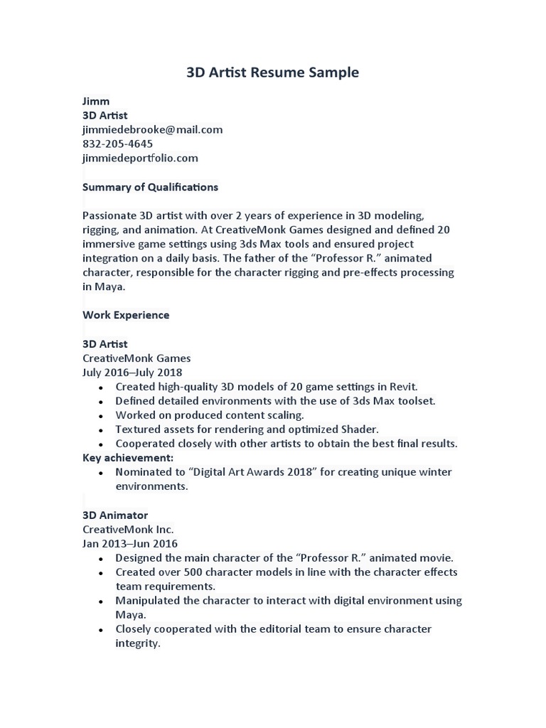 3D Artist Resume Sample