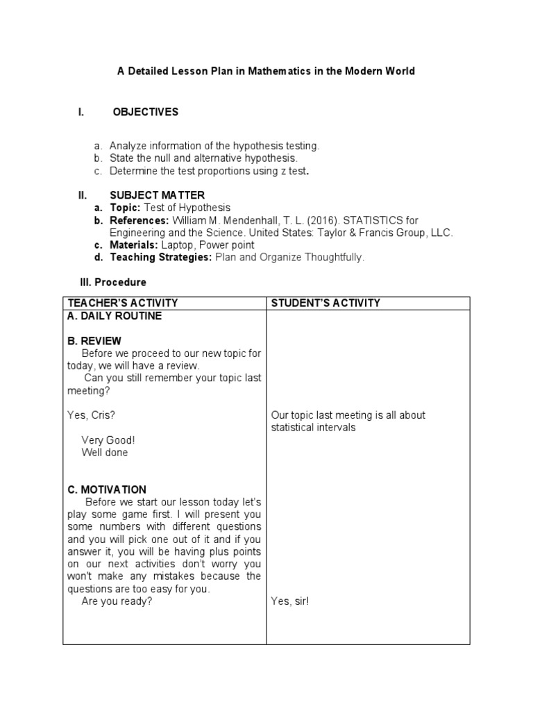Lesson Plan: Hypothesis Testing in Math | PDF | Statistical Hypothesis ...