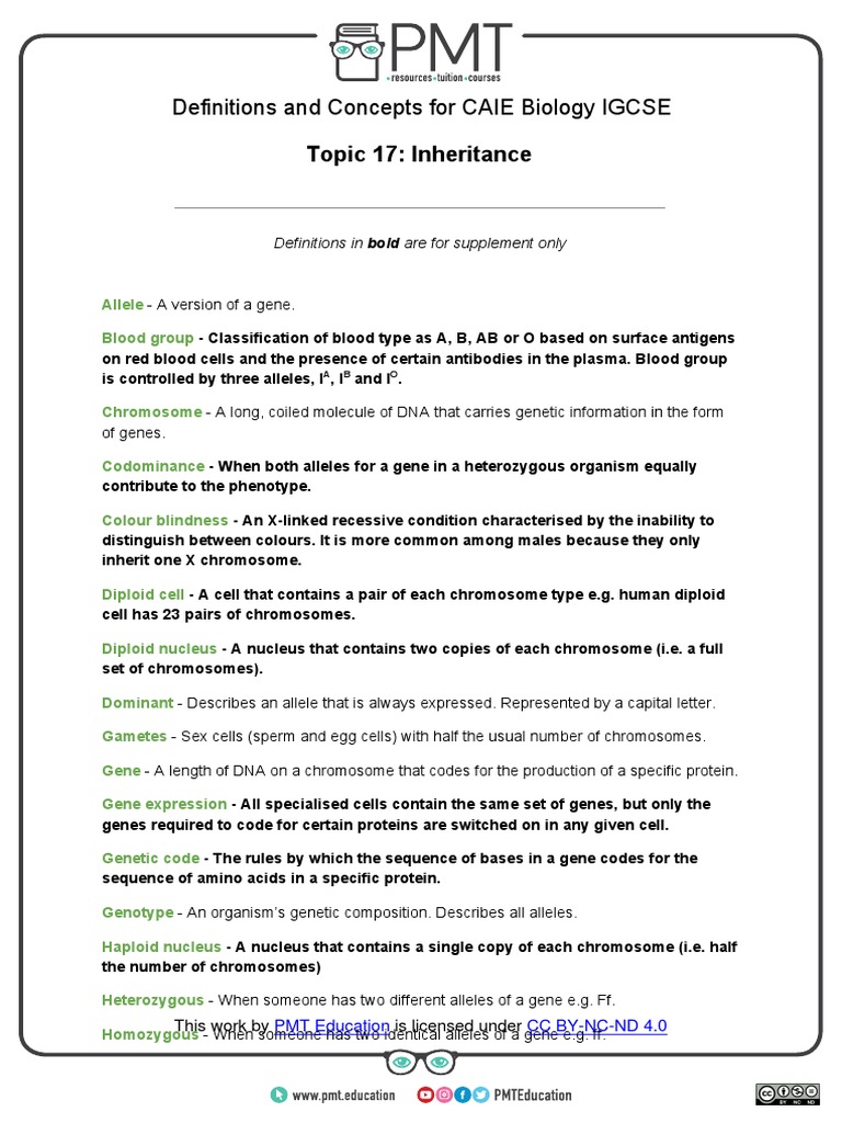 Definitions - Topic 17 Inheritance - CAIE Biology IGCSE | PDF | Genetics | Dominance (Genetics)