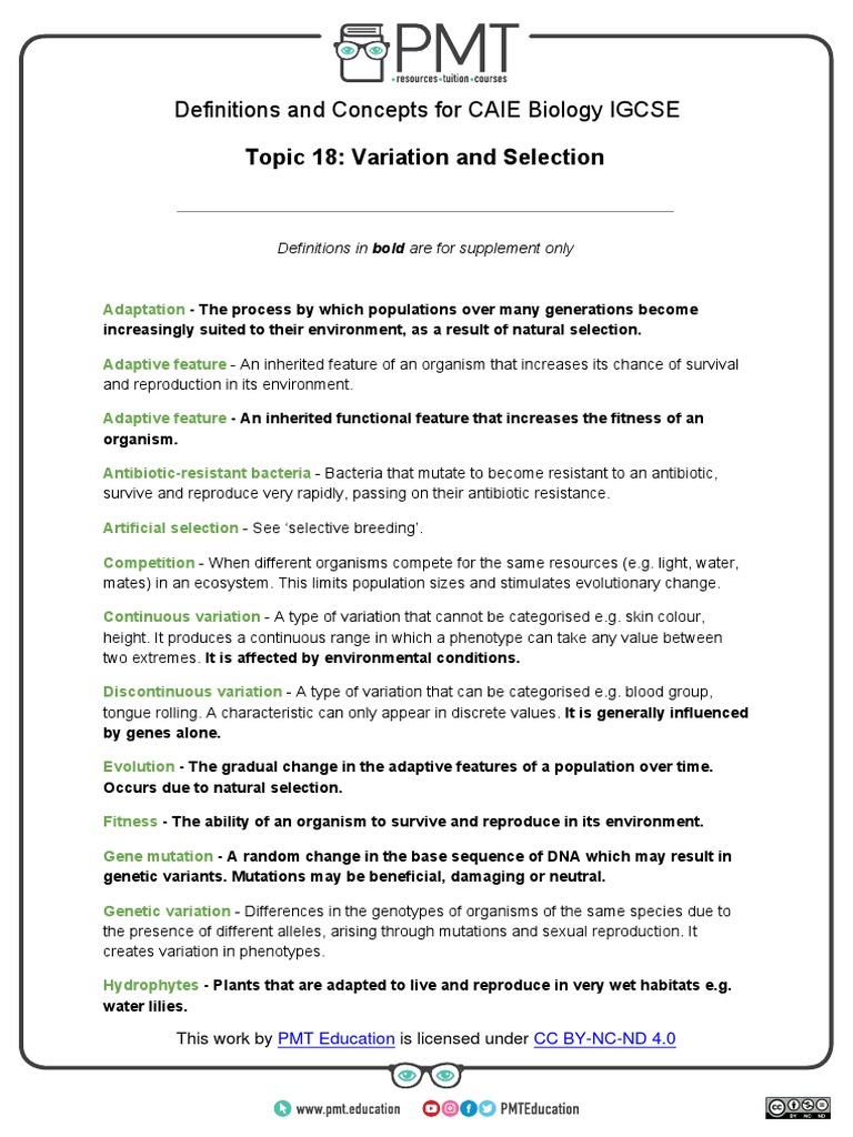 Definitions Topic 18 Variation And Selection Caie Biology Igcse
