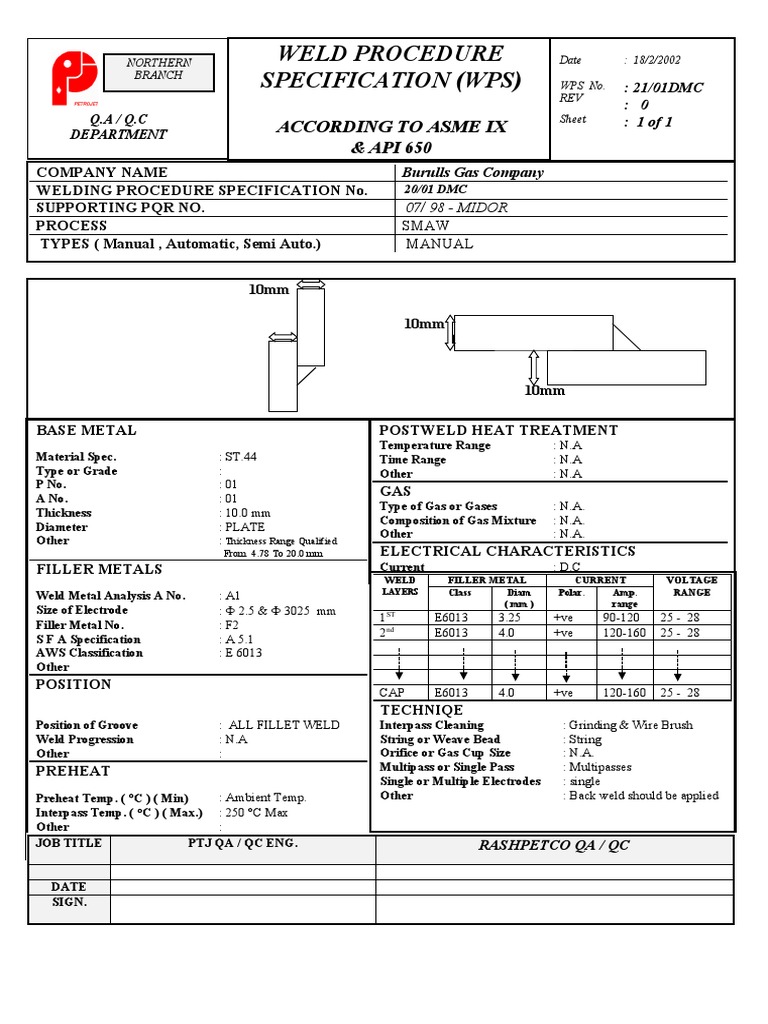 Weld Procedure Specification (WPS) : According To Asme Ix & | PDF | Welding | Construction