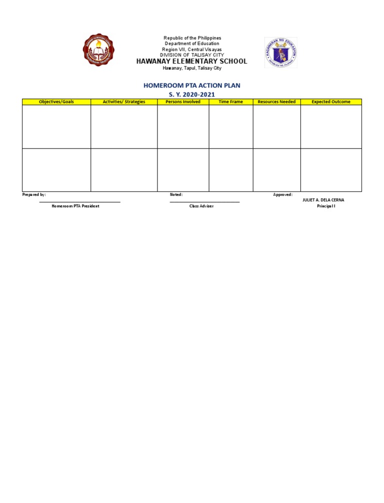 Homeroom Pta Action Plan S. Y. 2020-2021: Hawanay Elementary School | PDF