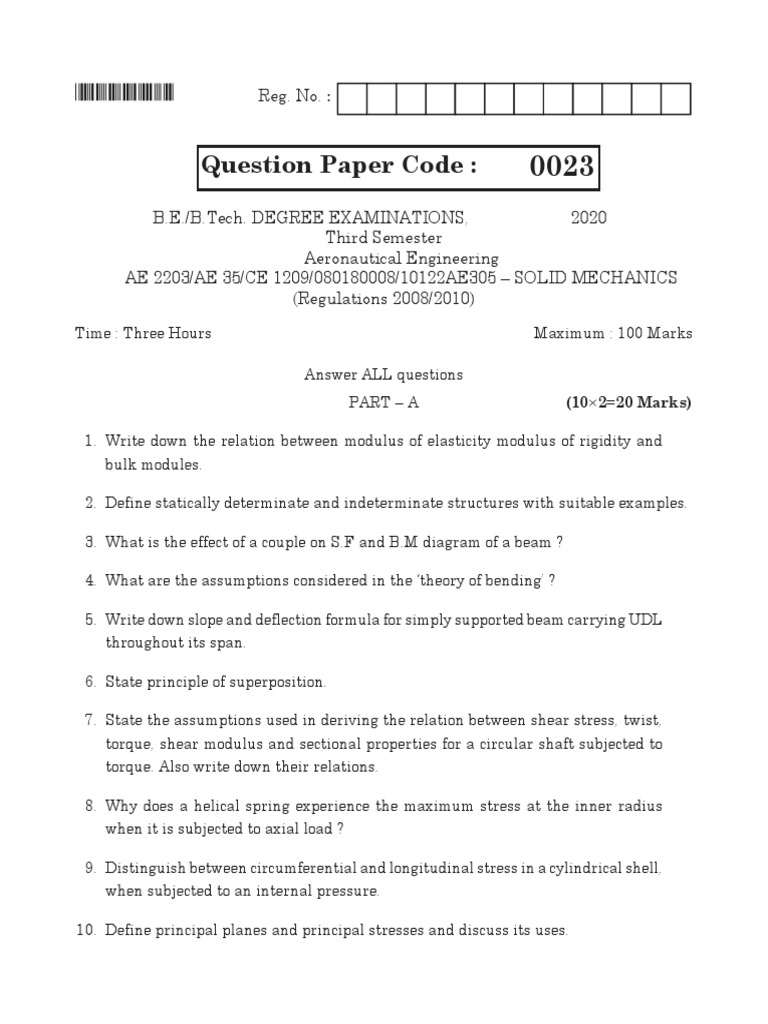 Question Paper Code:: Reg. No. | PDF | Beam (Structure) | Young's Modulus