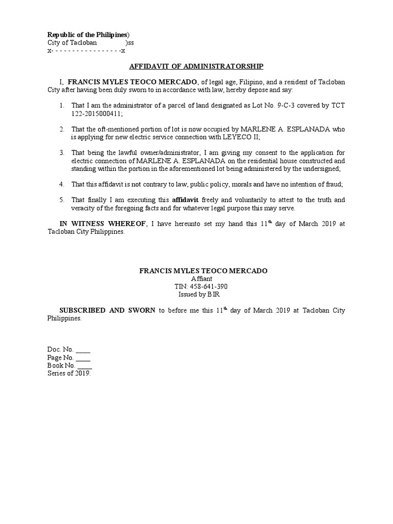 Affidavit of Administratorship (Leyeco II) | PDF