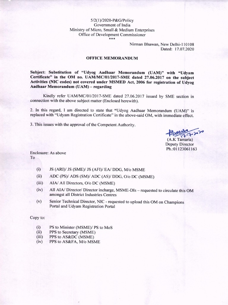 Substitution of "Udyog Aadhaar Memorandum" with "Udyam Registration ...