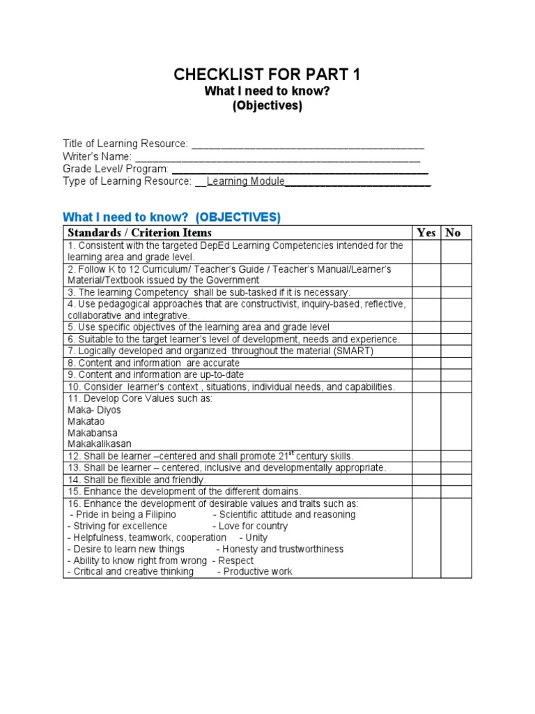 Checklist For Part 1: What I Need To Know? (Objectives) | PDF ...