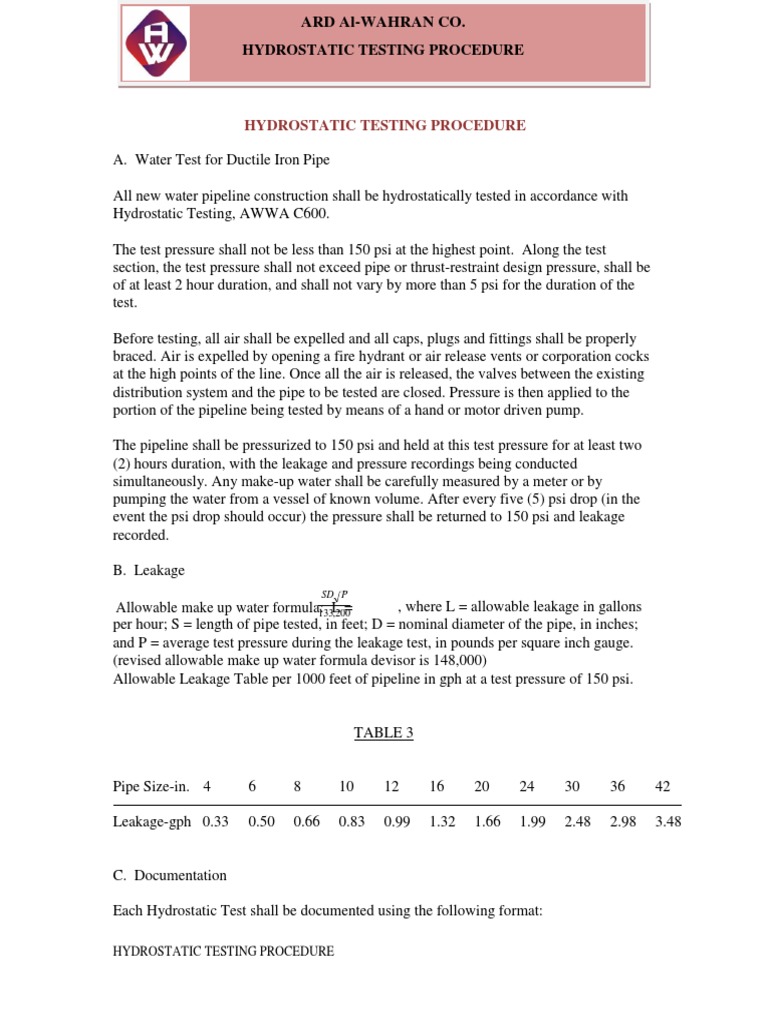 Hydrostatic Testing Procedures | PDF | Pipe (Fluid Conveyance) | Pressure