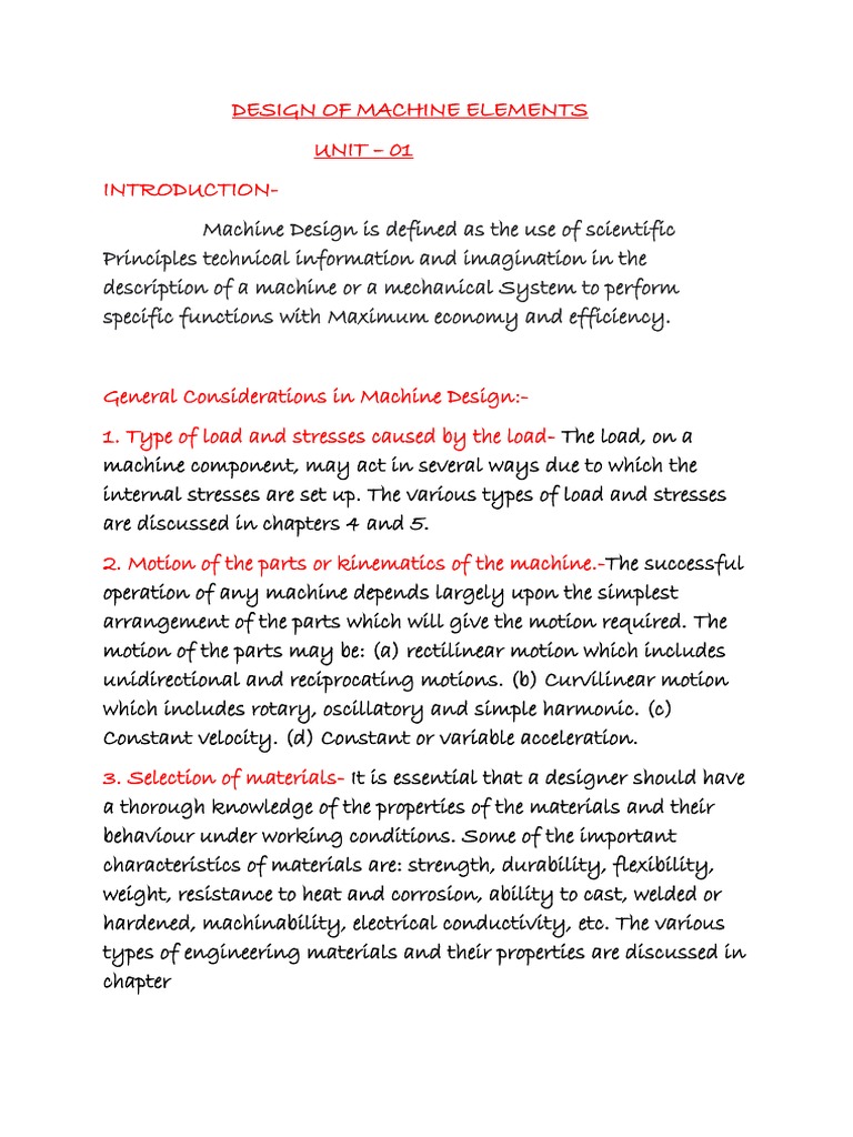Class 1 DESIGN OF MACHINE ELEMENTS UNIT 1 General Considration | PDF ...