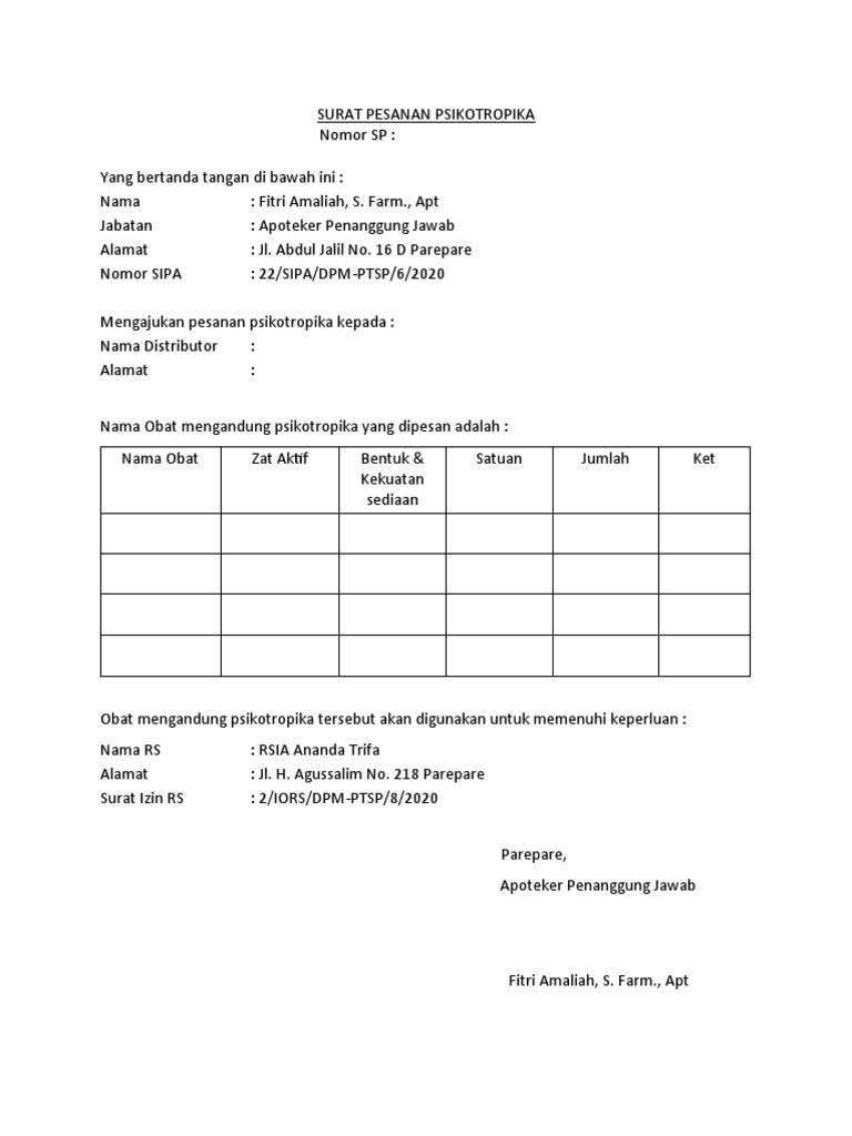 Surat Pesanan Psikotropika & Prekursor | PDF