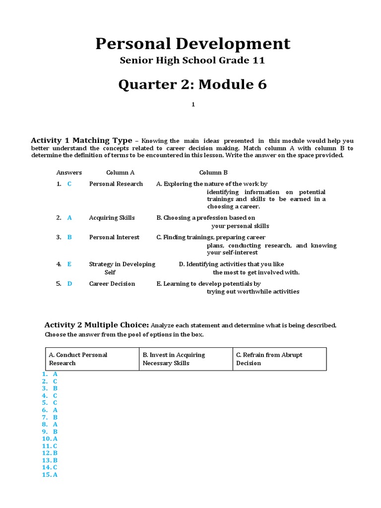Personal Development: Quarter 2: Module 6 | PDF | Adolescence | Goal