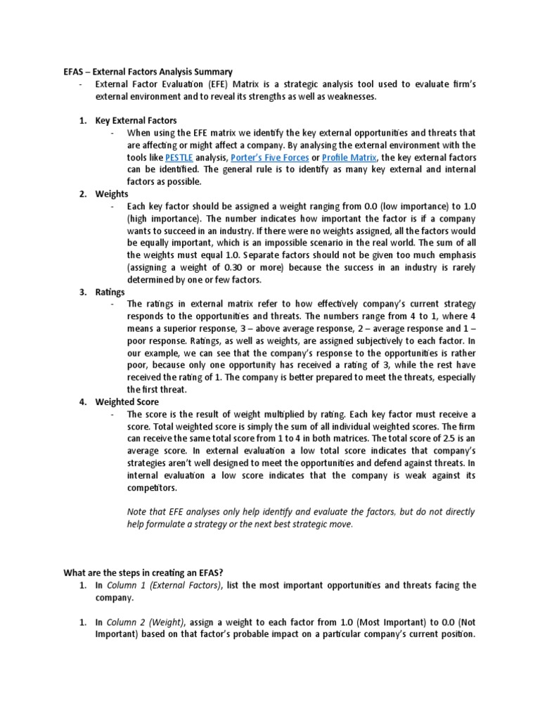 EFAS - External Factors Analysis Summary: Pestle Porter's Five Forces Profile Matrix | PDF ...