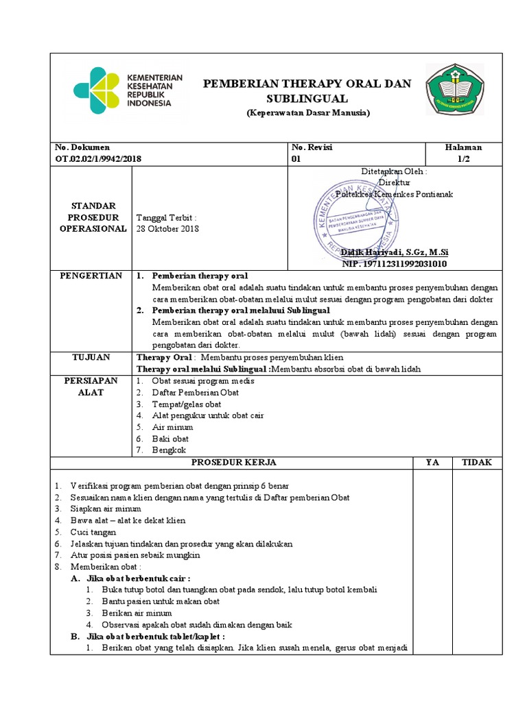 KDM 2 - Sop Pemberian Obat Oral Dan Sublingual - KDM2 | PDF
