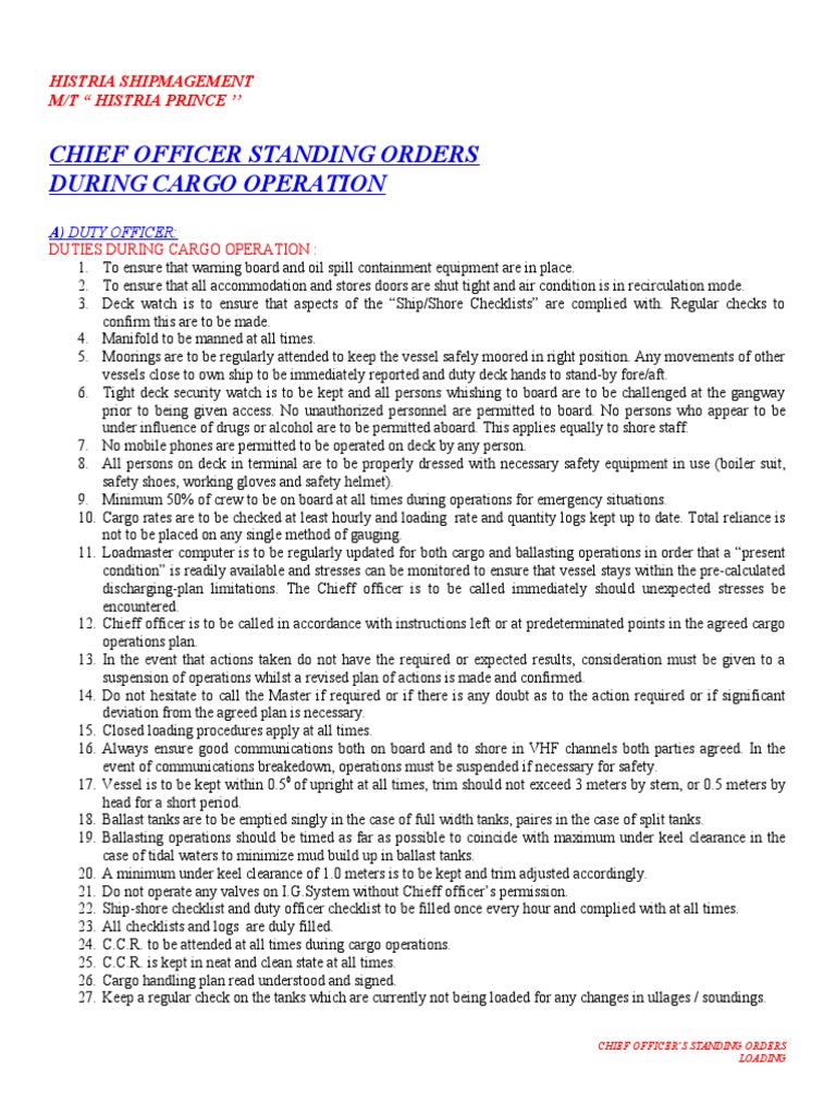 Chief Officer Cargo Operations Orders | PDF | Cargo | Pump