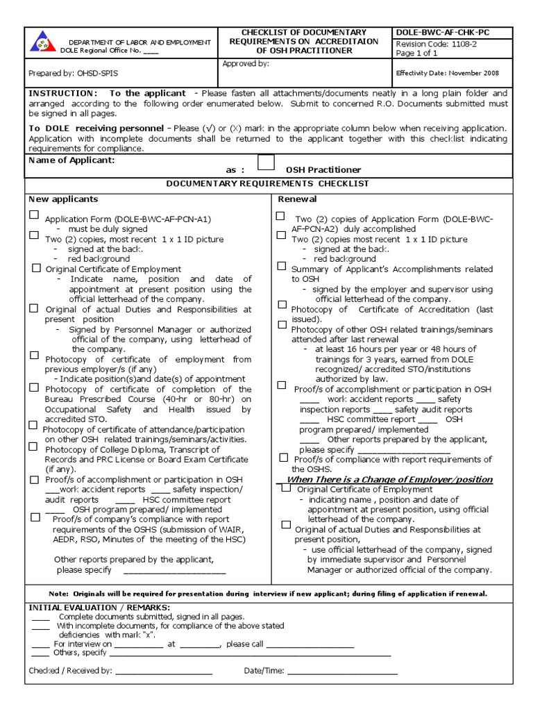 Checklist of Documentary Requirements On Accreditaion of Osh ...