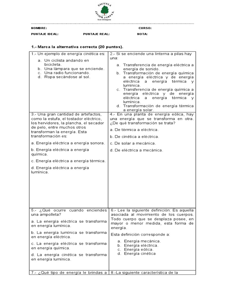 Prueba de Ciencias La Energía | PDF | Energía renovable | Energía potencial