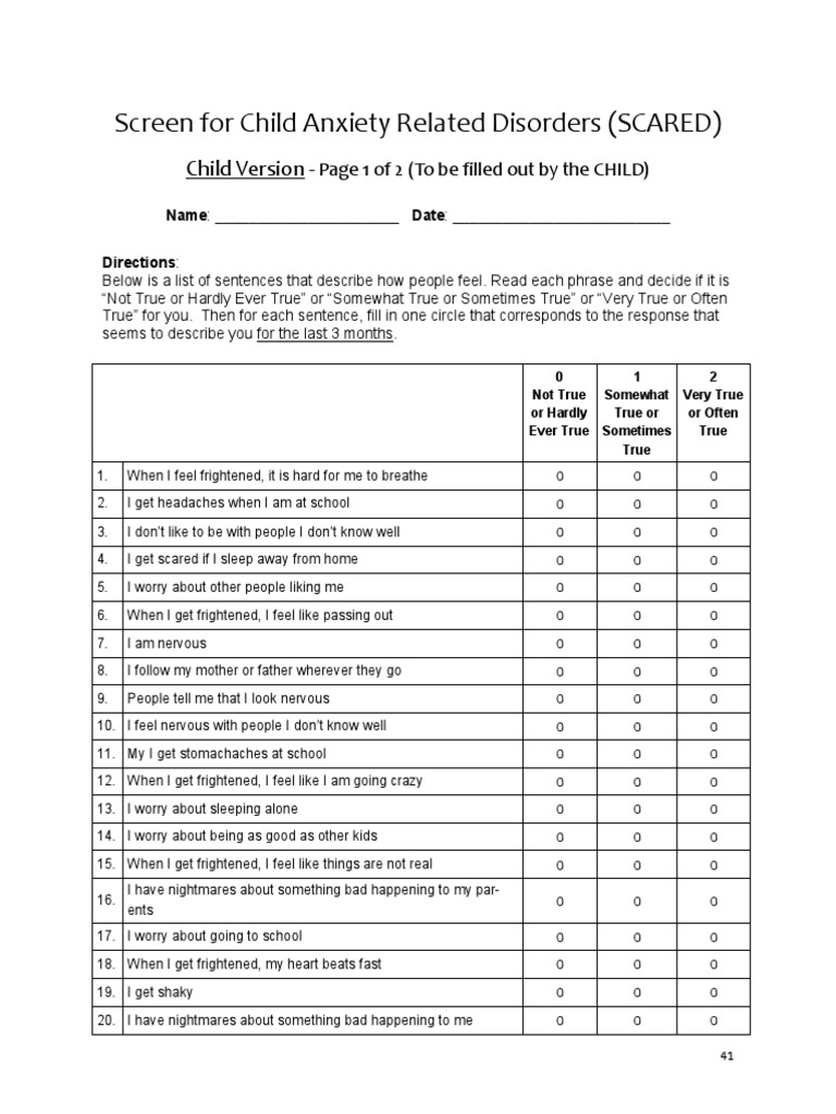 Screen For Child Anxiety Related Disorders (SCARED) | PDF | Anxiety Disorder | Psychiatric ...