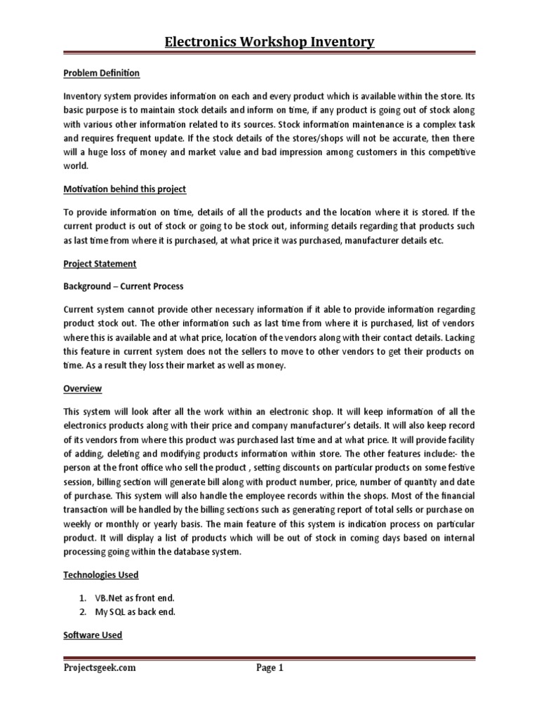 Electronic Shop Inventory Project Abstract | PDF | Retail | Inventory