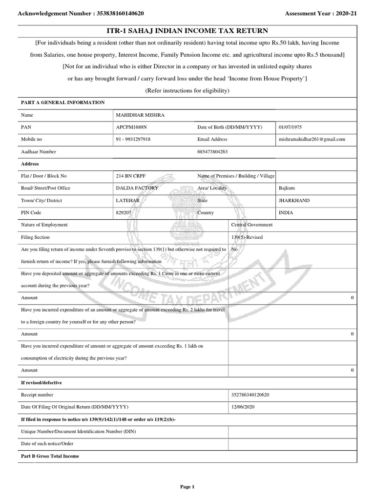 Itr-1 Sahaj Indian Income Tax Return: Acknowledgement Number ...