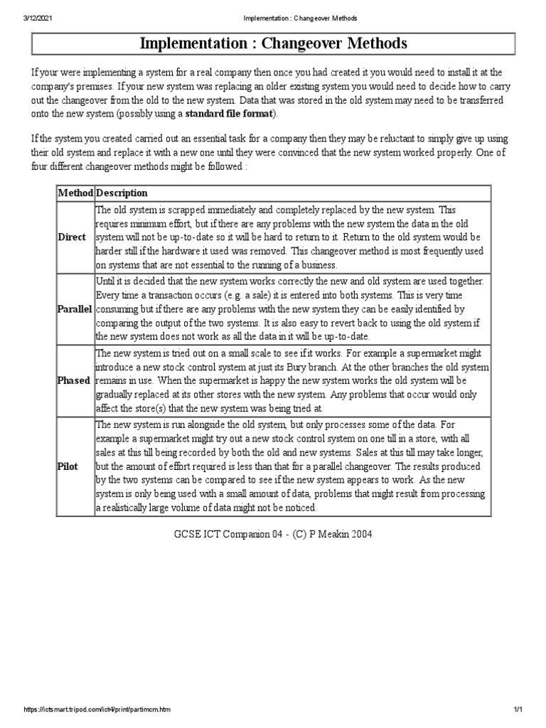 Implementation - Changeover Methods | PDF | Information Technology Management | Computer Data