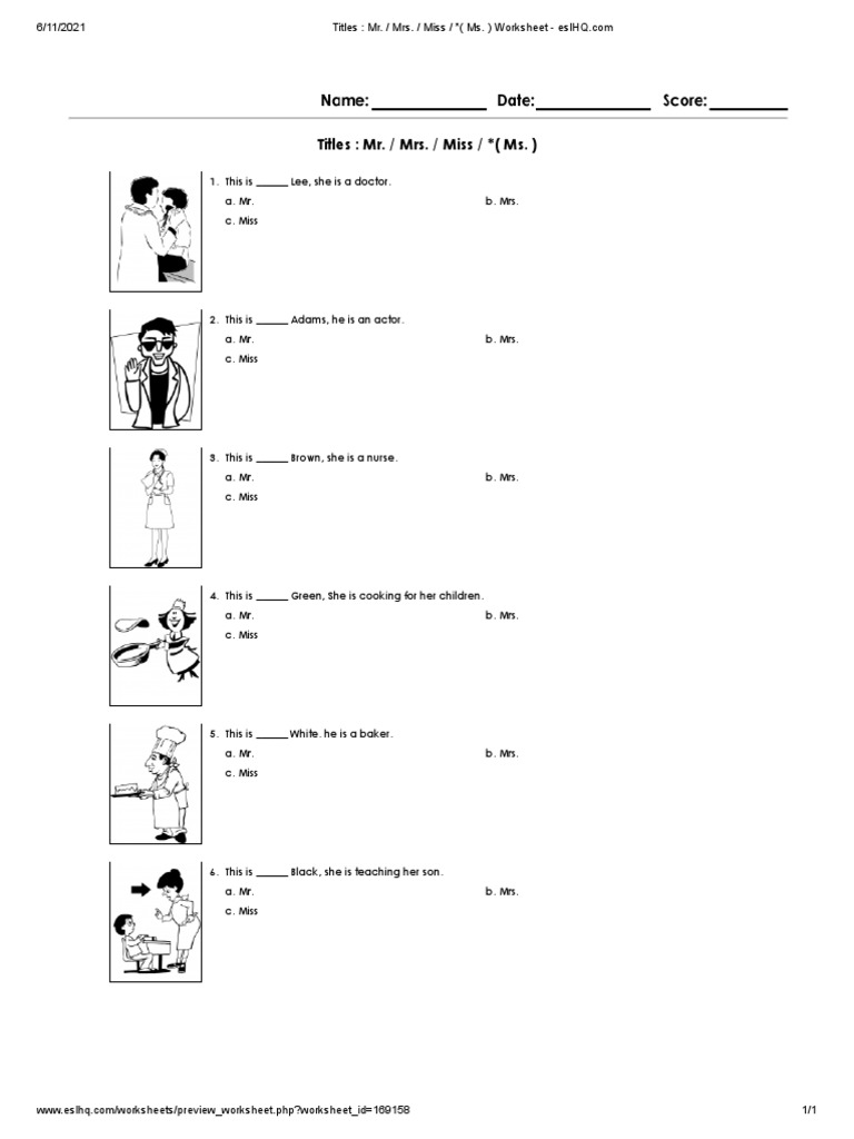 Titles - Mr. - Mrs. - Miss - (MS.) Worksheet | PDF