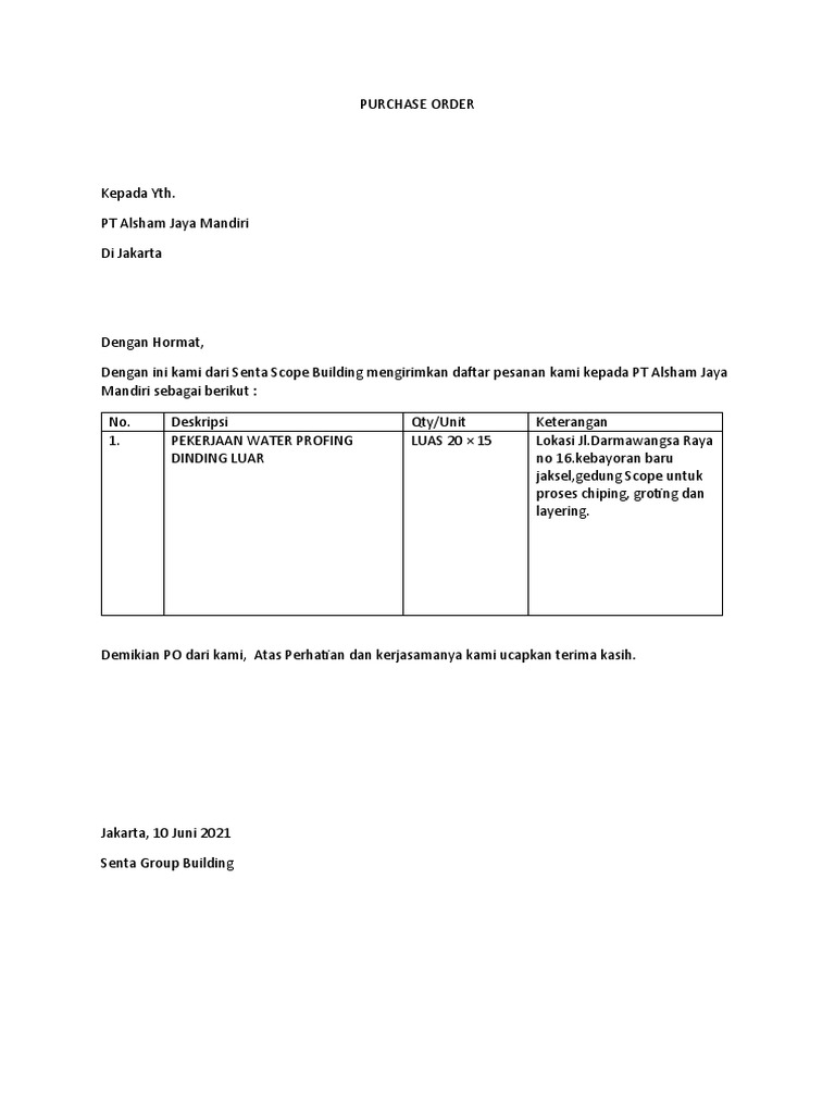 Contoh Surat Purchase Order Barang | PDF