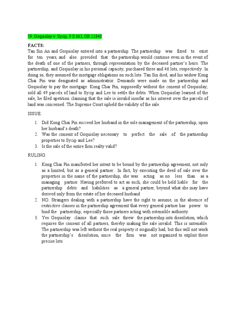 Goquiolay v. Sycip: Partnership Sale Validity | PDF
