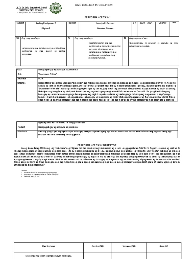Performance Task - Araling Panlipunan (Quarter 4) | PDF