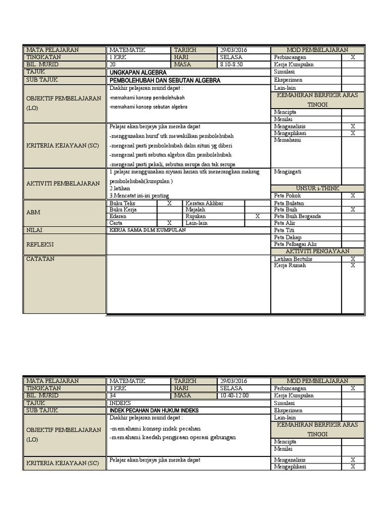 Contoh RPH 21st Matematik SELASA 29.3 | PDF