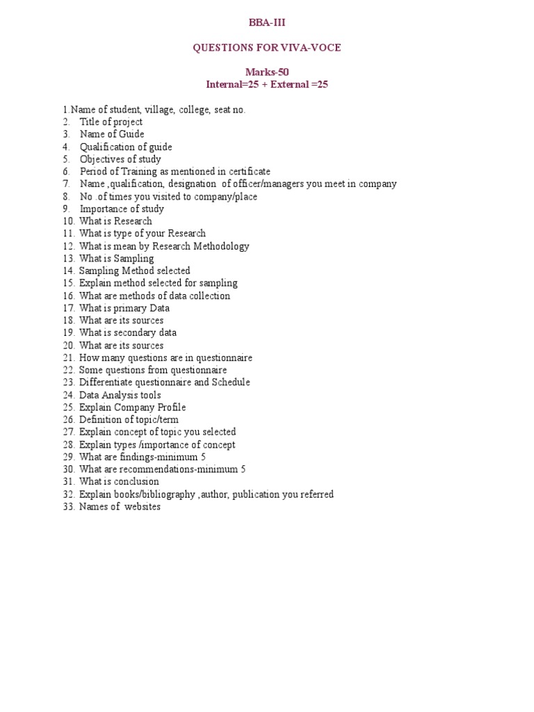 BBA Project Viva Questions | PDF
