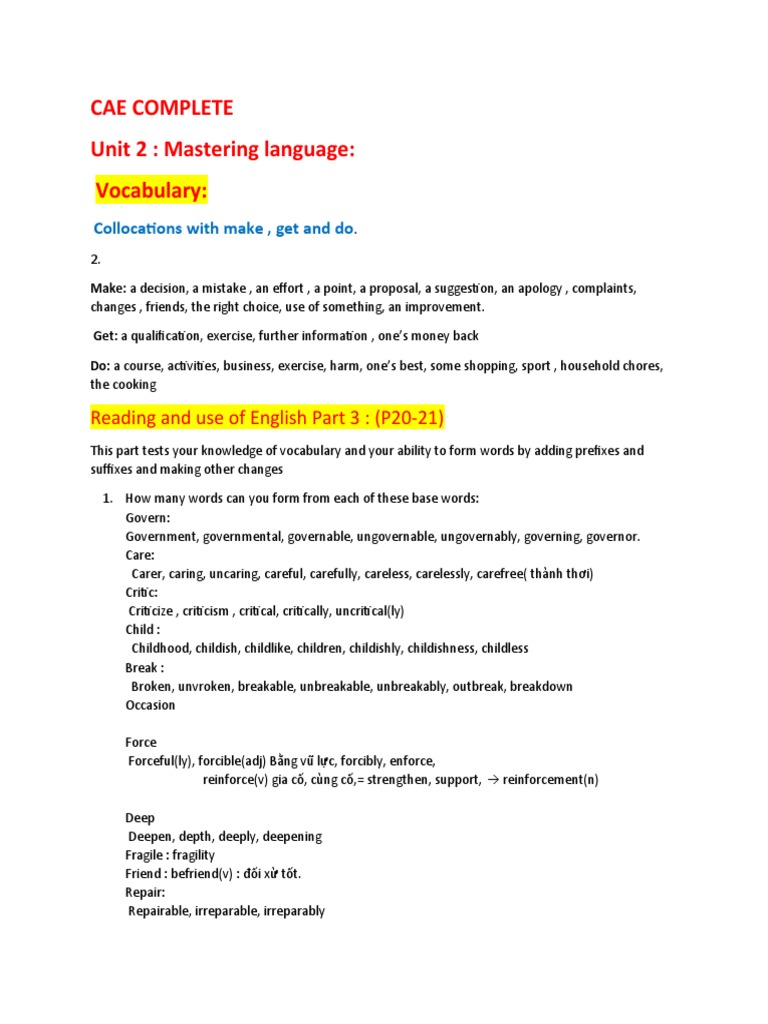 Cae Complete Unit 2: Mastering Language: Vocabulary:: Reading and Use of English Part 3: (P20-21 ...