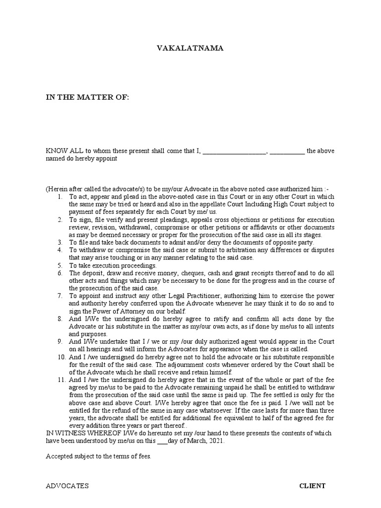 Vakalatnama Blank | Download Free PDF | Advocate | Common Law