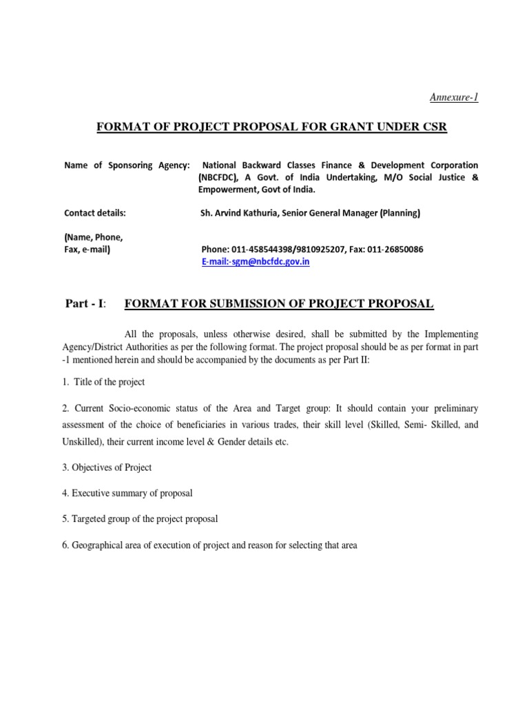 Format of Project Proposal For Grant Under CSR: Annexure-1 | PDF ...