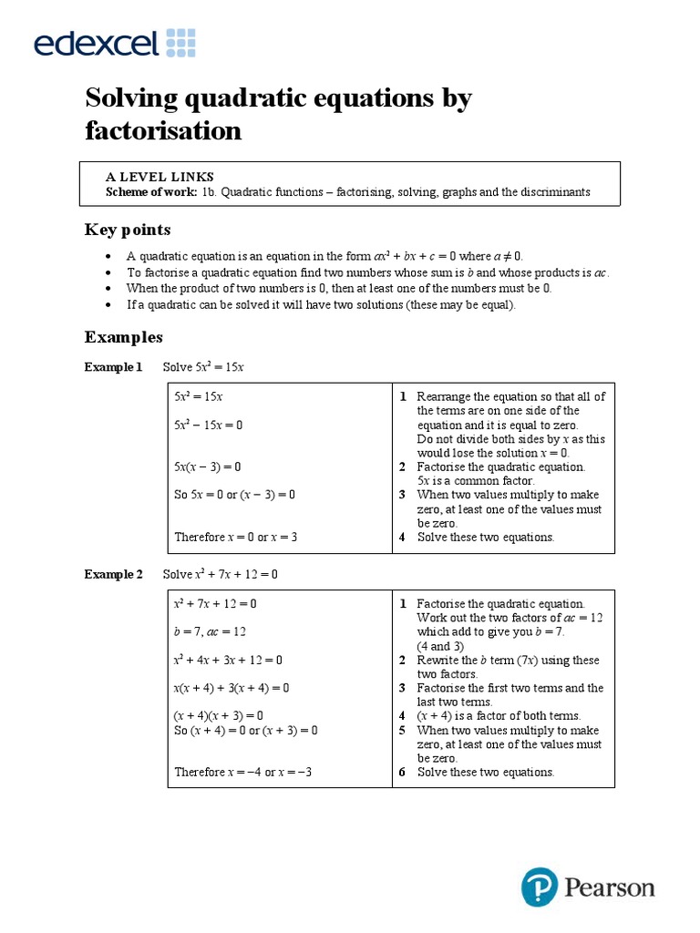 Solving Quadratic Equations by Factorisation: Key Points | PDF ...