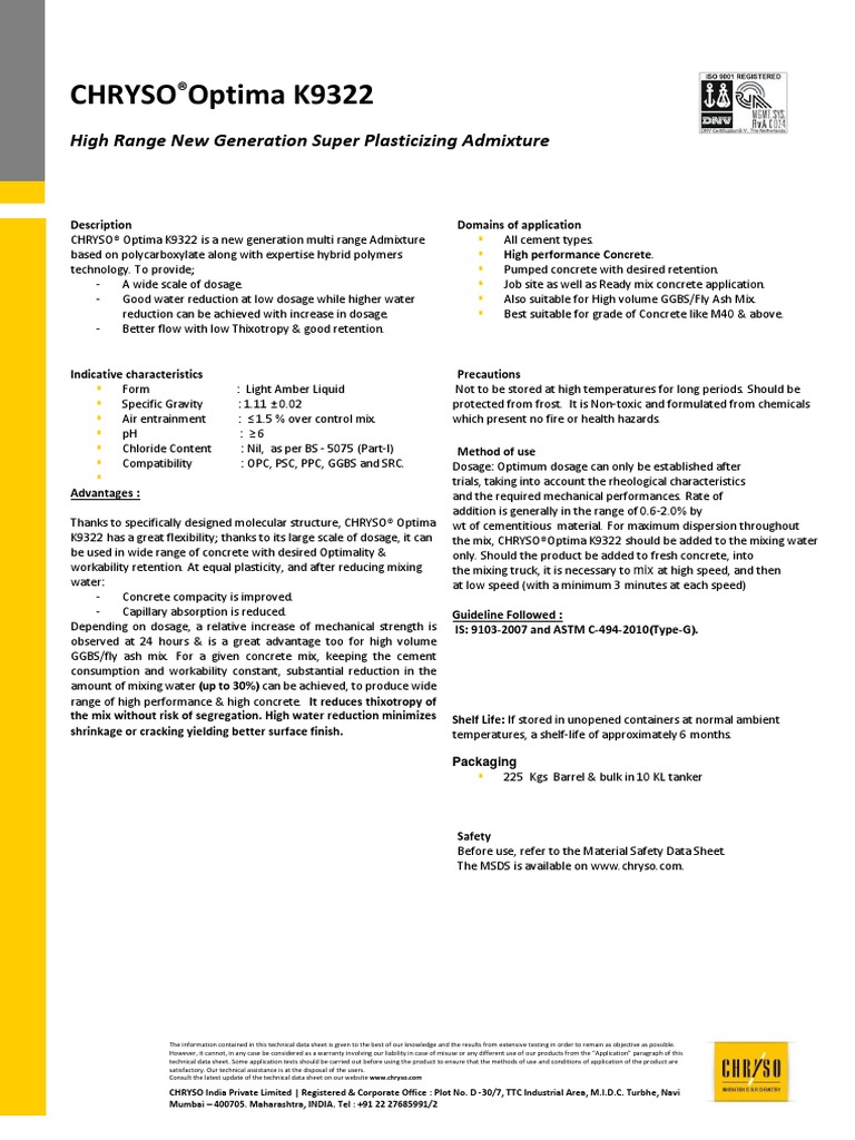 TDS Chryso Optima K9322 | PDF | Concrete | Civil Engineering