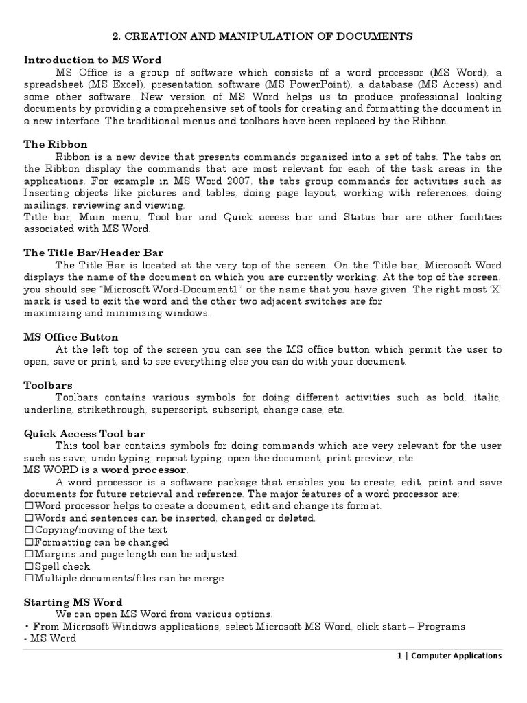 Creation and Manipulation of Documents Introduction To MS Word | Download Free PDF | Microsoft ...