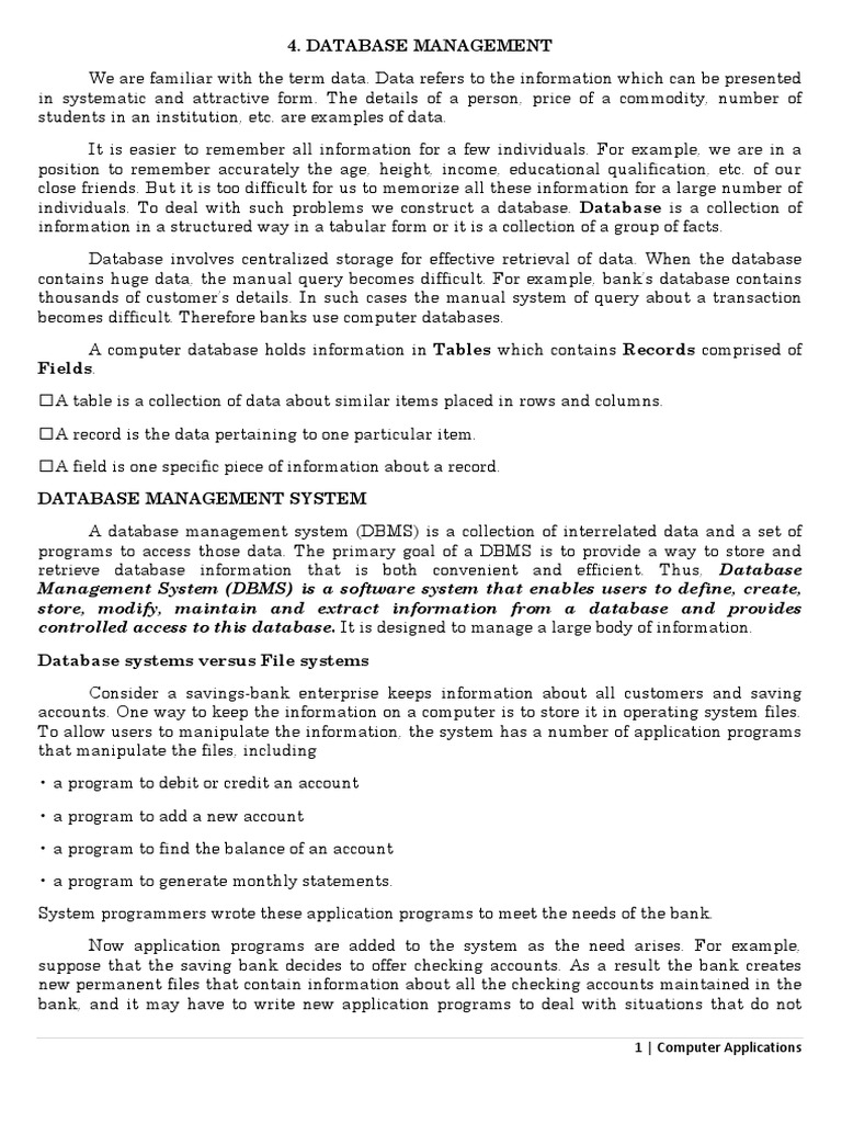 Database Management: 1 - Computer Applications | PDF | Microsoft Access | Databases