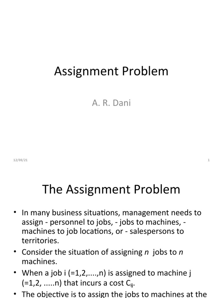 Assignment Problem: A. R. Dani | PDF | Mathematics Of Computing ...