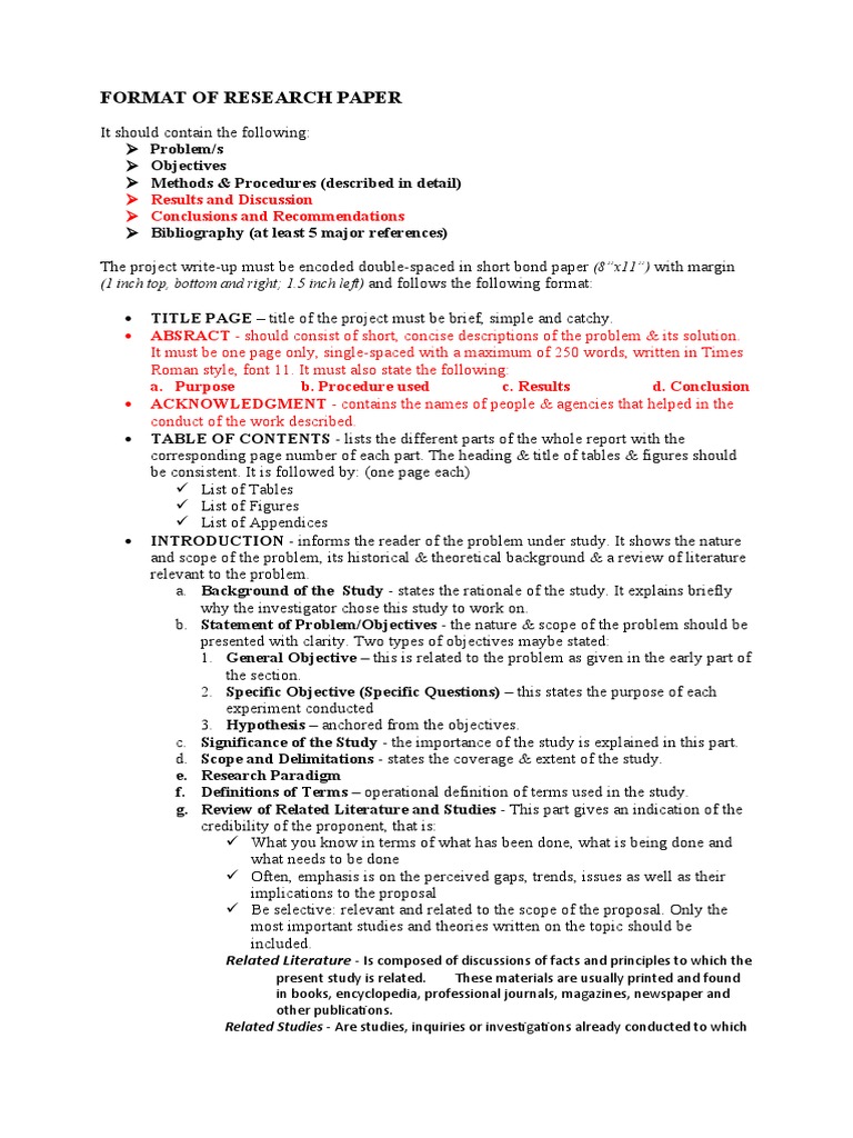 Format Of Research Paper: A. Purpose B. Procedure Used C. Results D 