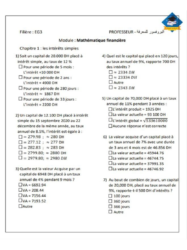 Correction QCM Math Fin | PDF