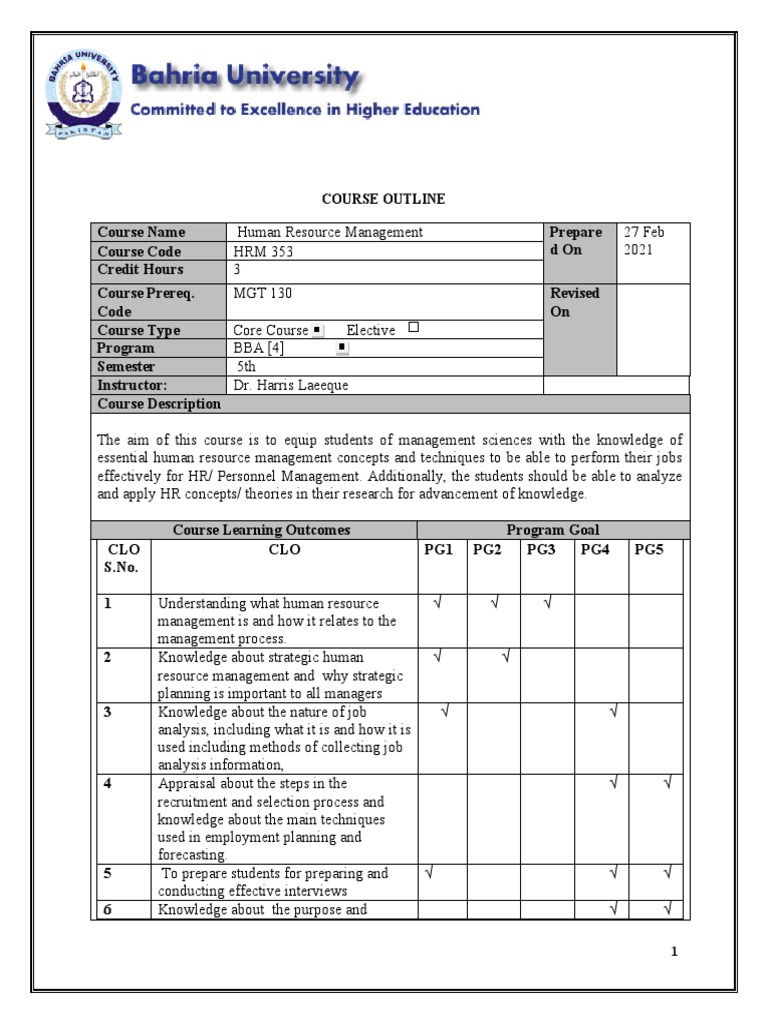 Course Outline HRM BBA 5 Spring 2021 20032021 052405pm | PDF ...
