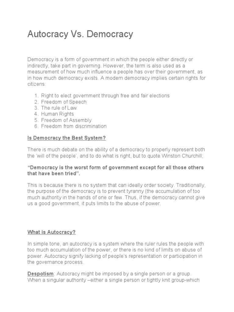 Autocracy Vs Democracy | PDF | Dictatorship | Authoritarianism Autocracy Vs Democracy | PDF | Dictatorship | Authoritarianism