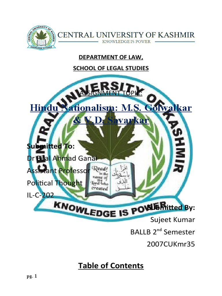 Hindu Nationalism: M.S. Golwalkar & V.D. Savarkar: Submitted To | PDF | Nationalism | Cultural ...