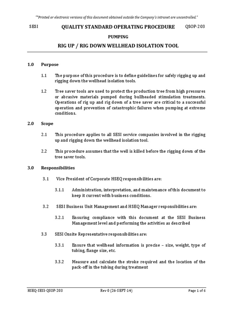 HSEQ-SESI-QSOP-203 Rig Up - Rig Down Wellhead Isolation Tool | PDF ...