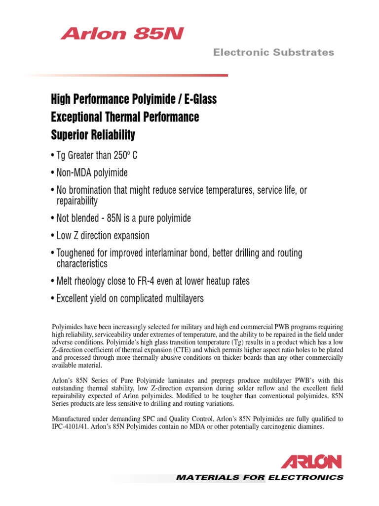 Arlon 85N: High Performance Polyimide / E-Glass Exceptional Thermal ...