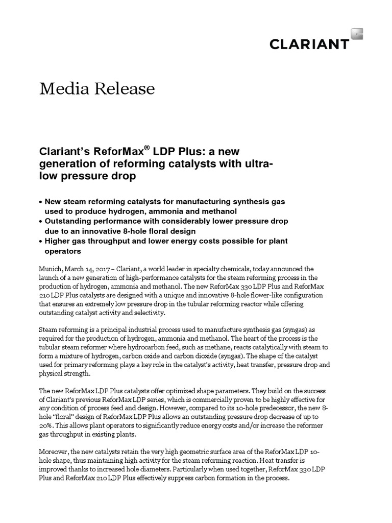 Clariant Media Release ReforMax LDP Plus 20170314 en | PDF | Catalysis ...