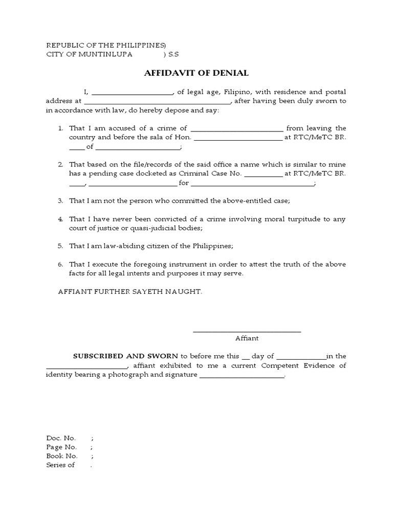 Affidavit of Denial - Nbi | PDF
