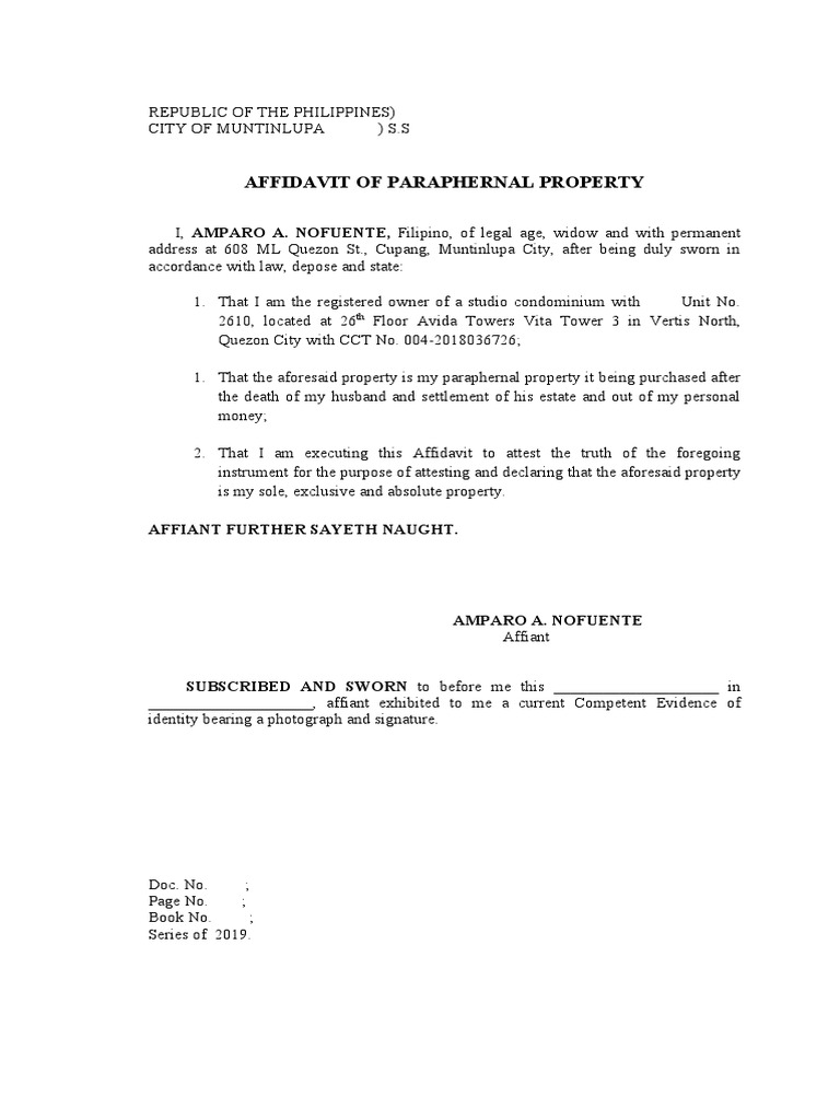 Affidavit of Paraphernal Property | PDF | Law