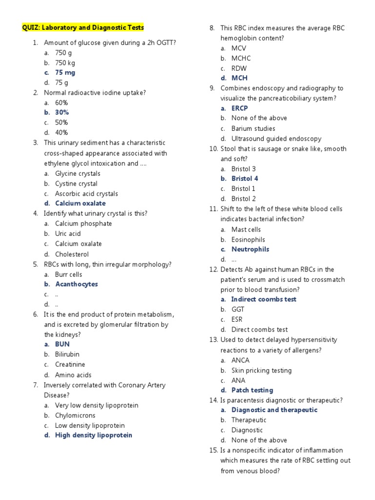 Laboratory Diagnostic Tests Quiz | PDF | Echocardiography | Lipoprotein