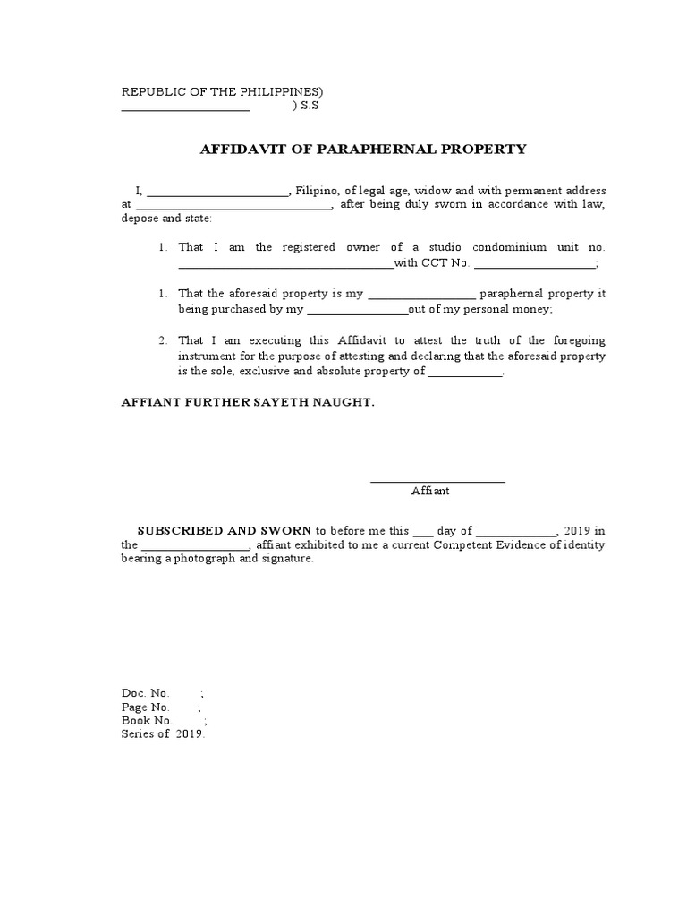 Affidavit of Paraphernal Property - Sample | PDF